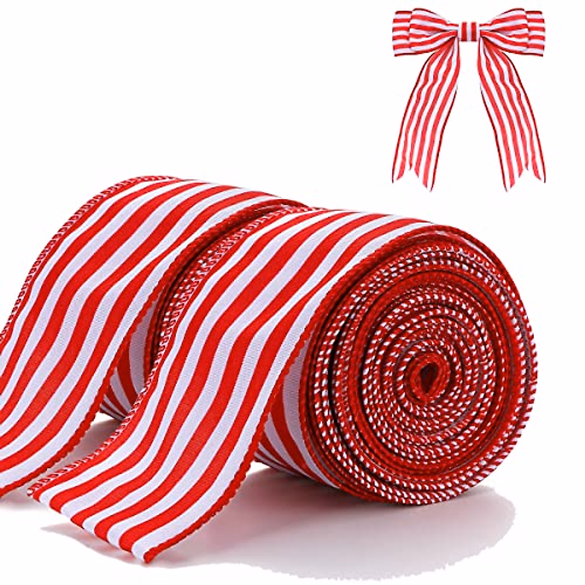 2 Rolls Christmas Wired Ribbon for Gift Wrapping, Red and White Striped Ribbons for Crafts/Christmas Tree/Wreaths/Bow Decorations, 2.5" Wide x 6 Yards