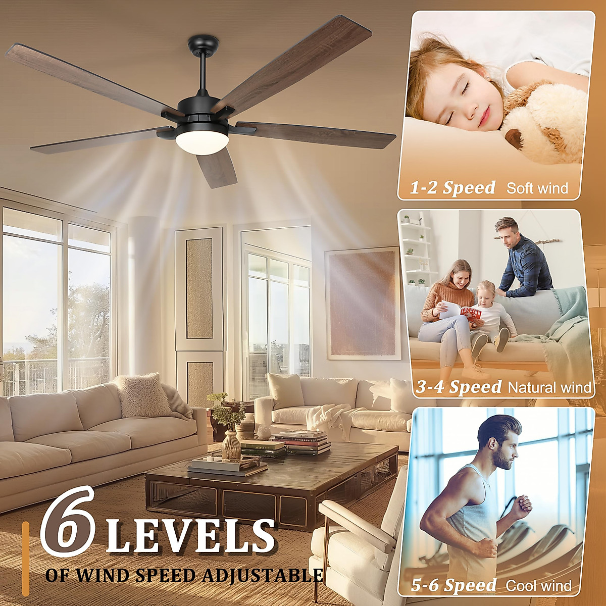 Ohniyou Large Ceiling Fan with Lights and Remote - 76 Inch Indoor Outdoor Ceiling Fans, 3CCT, Reversible DC Motor, Industrial Farmhouse Ceiling Fan for Patio Living Room Bedroom Garage Shop