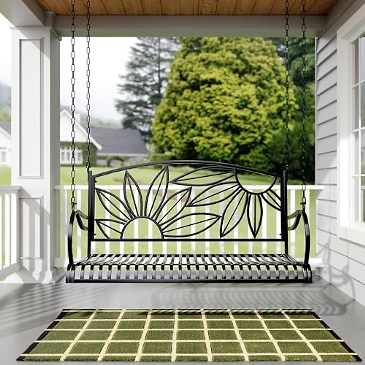 Live Casual Heavy Duty Mariposa Metal Porch Swing, No Cup Holders - Weather-Resistant Black Metal Swing with Comfort Roll Seat
