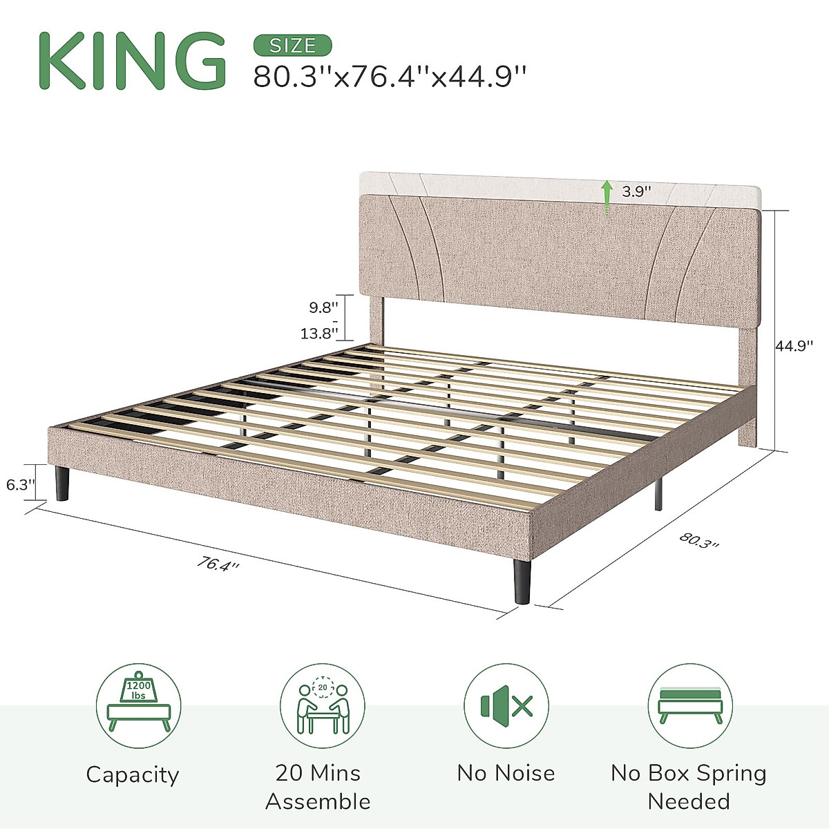 Novilla King Bed Frame and Headboard Platform Bed Frame No Box Spring Needed with Wood Slat Support, Upholstered Bed Frame King, Noise Free, Easy Assembly, Beige