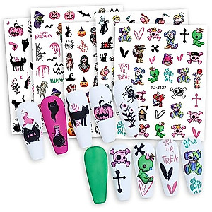 Halloween Nail Art Stickers Decals 6 Sheets Halloween Theme 3D Nail Stickers Halloween Nail Art Supplies Pumpkin Ghost Puppet Dolls Bats Terror Castle Witches Design Stickers for Women Kids
