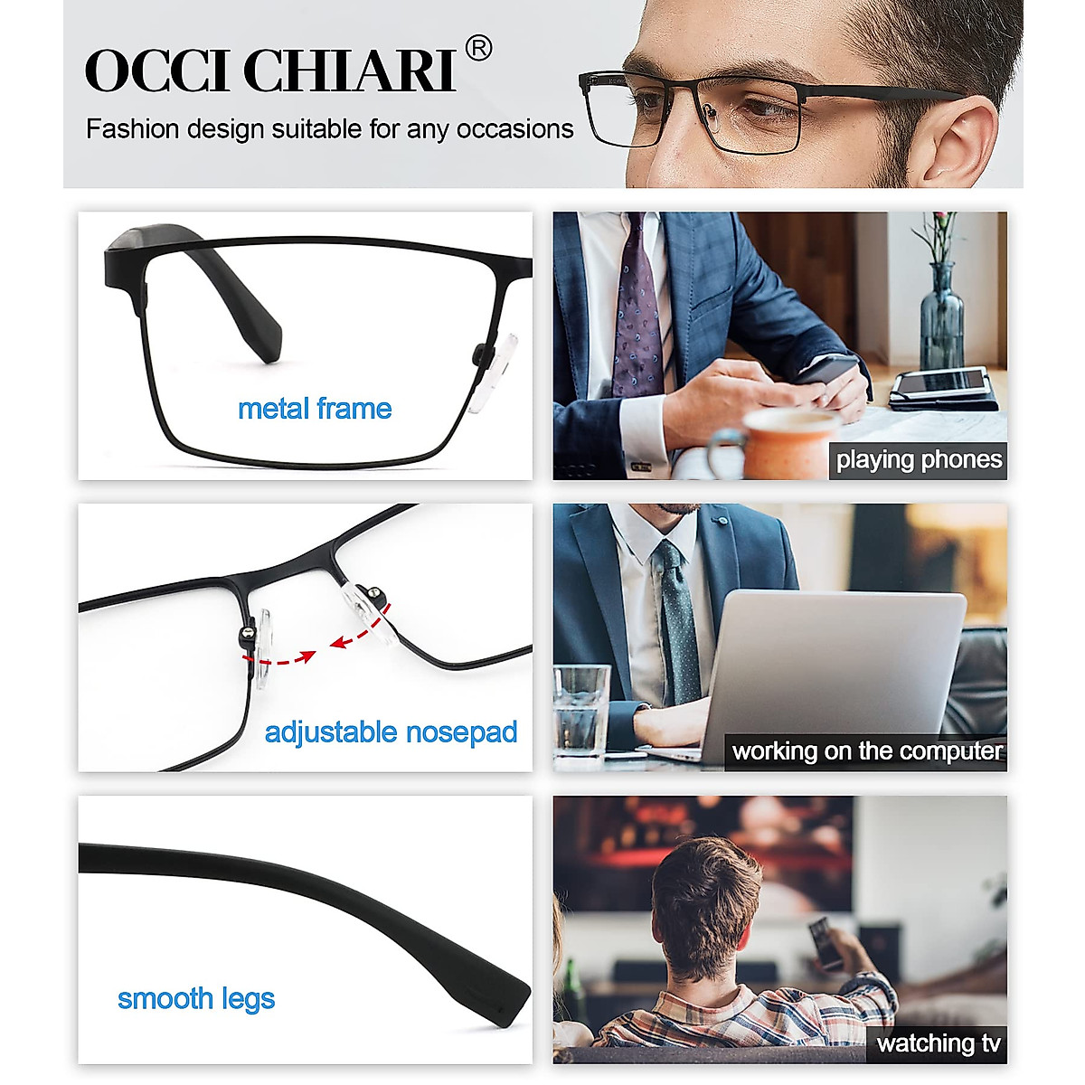 OCCI CHIARI Anti Blue Light Glasses for men - Computer Glasses Men - Black Eyewear Frame - Game Glasses for Men