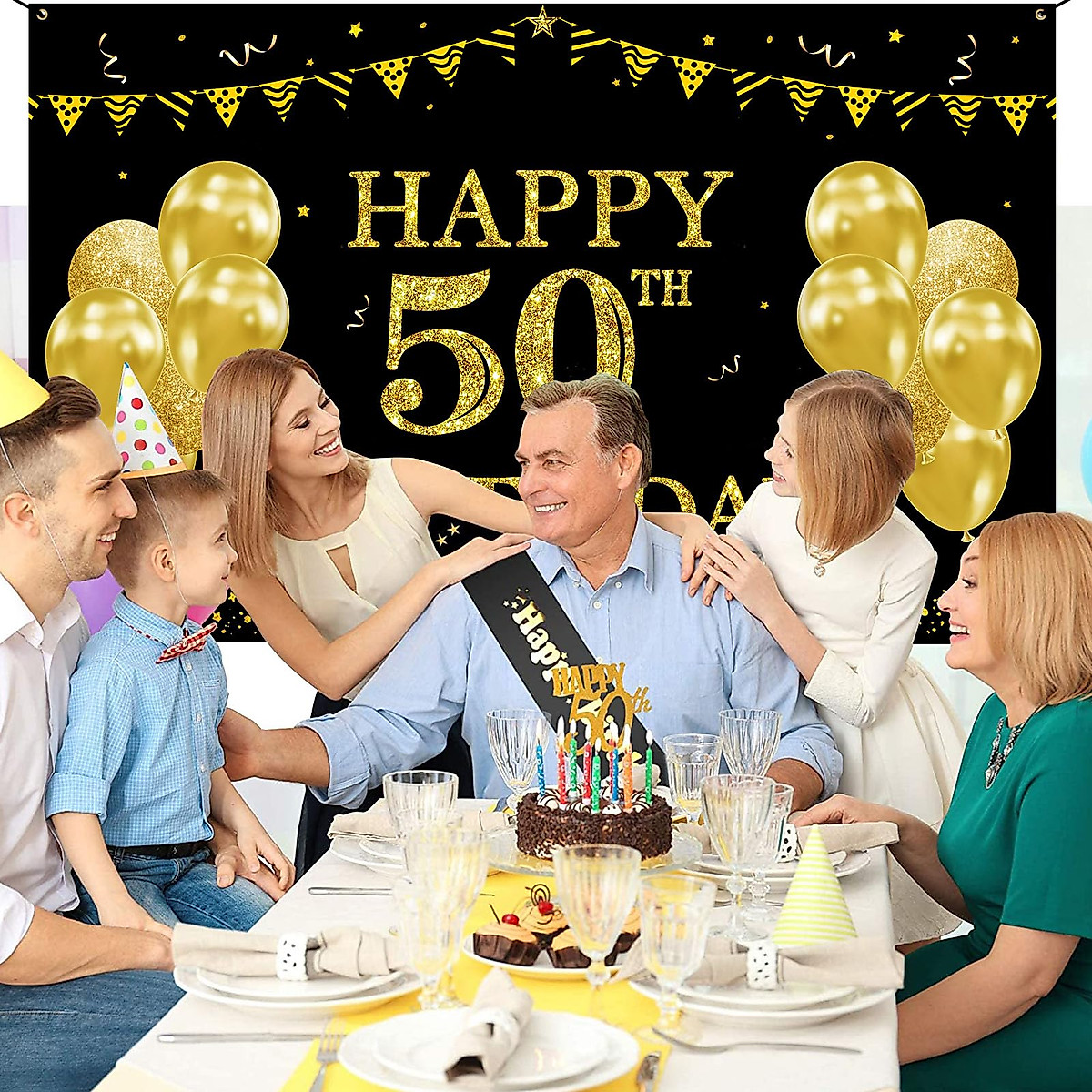 DARUNAXY Black Gold 50th Birthday Party Decorations, Happy 50th Birthday Banner Backdrop for Men Cheers to 50 Year Old Birthday Party Supplies, 6x3.6ft 50 Birthday Photography Background for Women