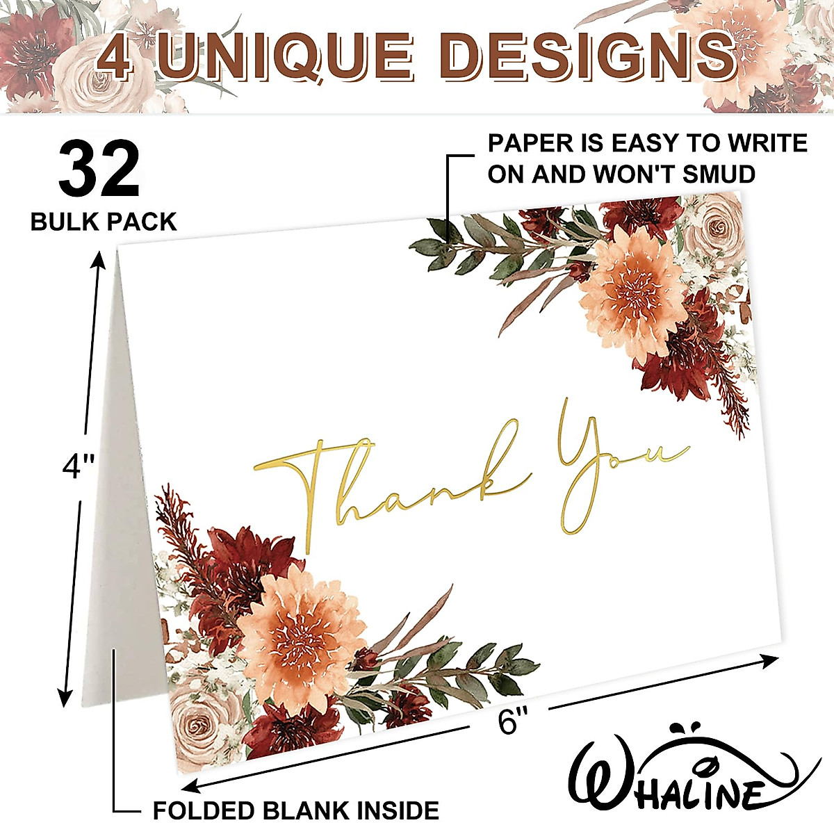 Whaline 32 Packs Fall Floral Gold Foil Thank You Cards Watercolor Flower Greeting Cards Autumn Blank Note Cards with Envelopes and Stickers for Thanksgiving Wedding Birthday Party, 4 x 6 Inch