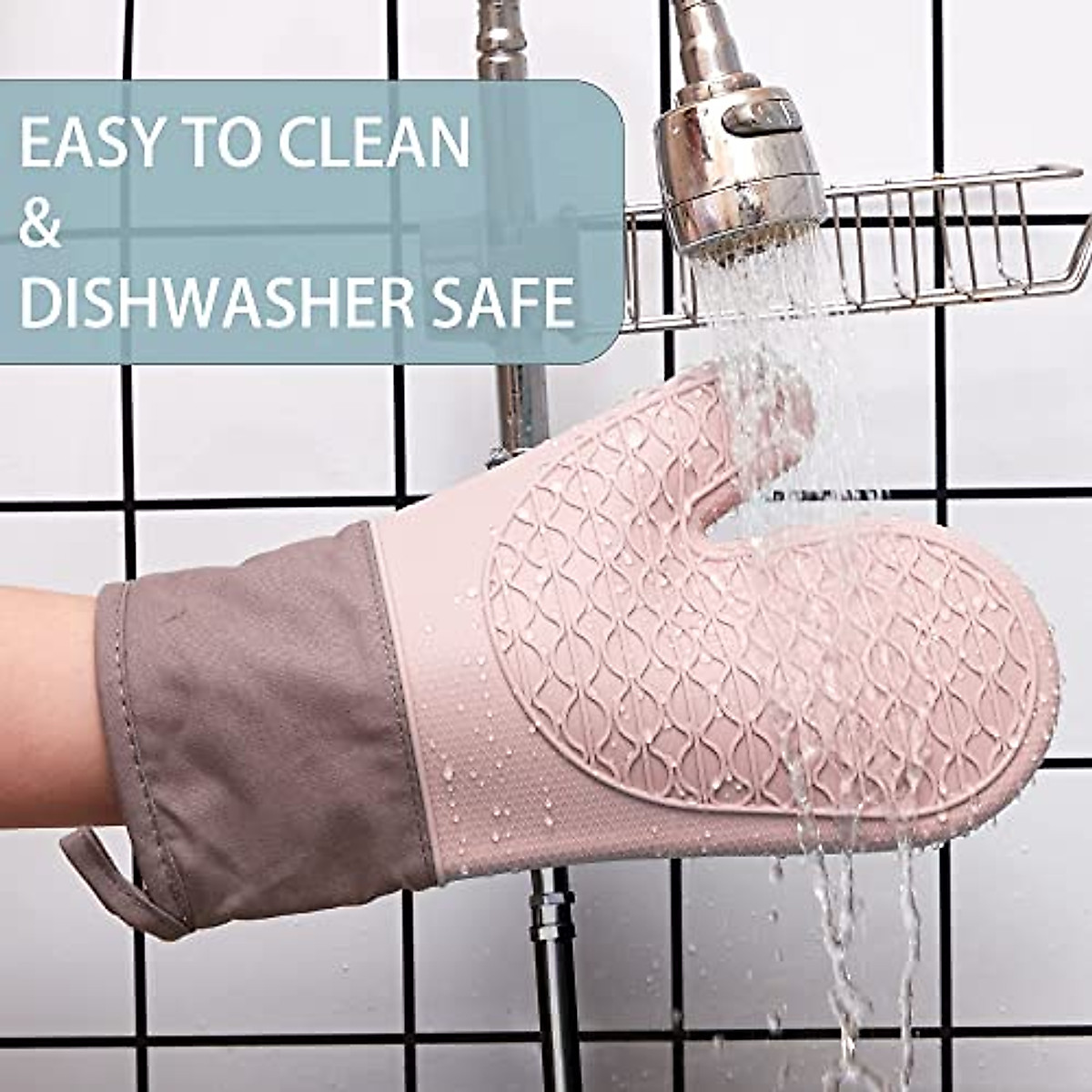 Silicone Oven Mitts Heat Resistant, Oven Mitts and Pot Holders Sets, Kitchen Mittens 5 Piece Set, Oven Gloves for Cooking,Baking,BBQ, Pink Oven Mitts, Easy Clean