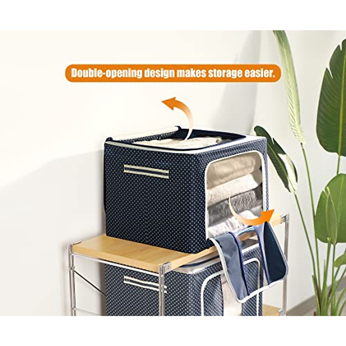 Furnhome Clothes Storage Organizer Bins Containers , Foldable Stackable Storage Bins-Oxford Cloth Steel Frame Storage Box for Clothing Storage with Foldable Clear Window & Reinforced Handles (Navy Dots, 66L, 3PCS)…