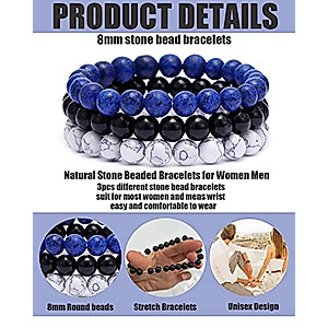 BOMAIL 3PCS Semi-Precious Gemstone Bracelet - Healing Crystal Stone Beaded Bracelets for Women Men 8mm Round Beaded Stretch Bracelets Unisex Stress Relief Yoga Bracelets Gifts