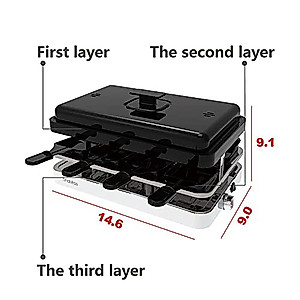TinaMros 3 Layers with Lid 1500W Portable Non-Stick Reversible 2 in1 Electric Raclette Grill Table for 8 Paddles and Person