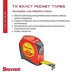 Starrett Exact Retractable Metric Pocket Tape Measure with Nylon Coating, Self Adjusting End Hook, and Steel Belt Clip - 3/4" Width x 5m Length - KTX34-5M-N