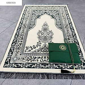 SAQENZA Muslim Prayer Rug - Prayer Mat with Travel Bag, Prayer Beads - Muslim Gifts - Ramadan Gifts for Men, Women and Kids - Islamic Gifts (Green-2)