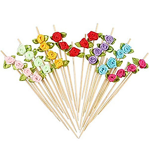 Minisland Multicolor Rose Flower Fancy Toothpicks for Appetizers 4.7 Inch Long Bamboo Cocktail Picks Bridal Shower Wedding Valentines Party Food Fruit Drinks Garnish Skewer Sticks 100 Counts -MSL129