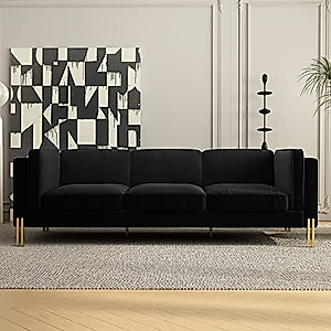 Gooamz Modern Velvet Sofa Couch, 95 Inch Chesterfield Sofa with Removable Cushions and Gold Metal Legs, Large Comfy Tufted Upholstered 3 Seater Couch for Living Room, Office, Hotel, Black