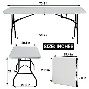 Folding Table 6 Foot Indoor Outdoor Heavy Duty Plastic Portable Fold Up Table Utility Camping Dining Party Table, Easy to Assemble, White