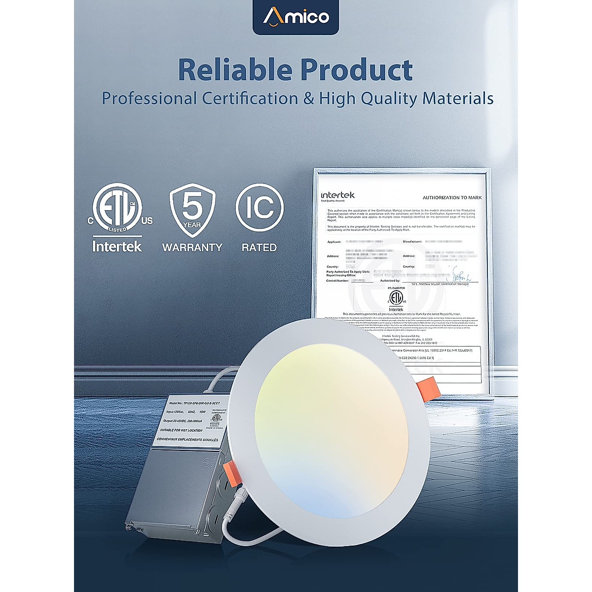 Amico 16 Pack 6 Inch 5CCT Ultra-Thin LED Recessed Ceiling Light with Junction Box, 2700K/3000K/4000K/5000K/6000K Selectable, Dimmable Can Light, 1200LM High Brightness Downlight,15W Eqv 130W,ETL