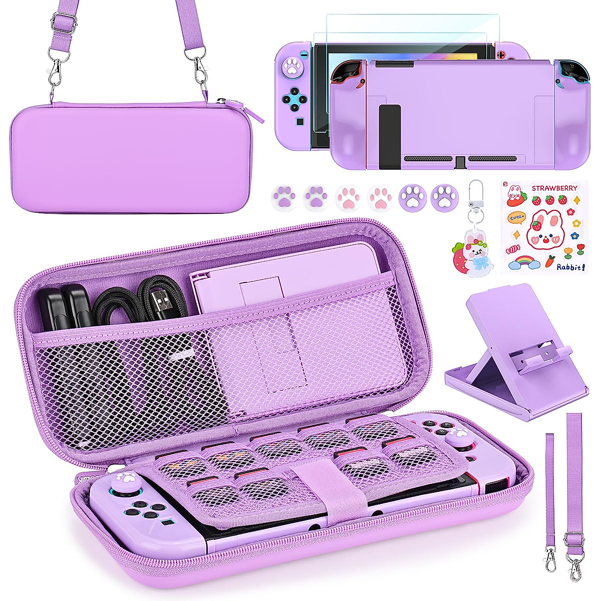 Younik Switch Accessories Bundle, 17 in 1 Purple Switch Accessories Kit for Girls Include Switch Carrying Case, Adjustable Stand, Protective Case for Switch Console & J-Con