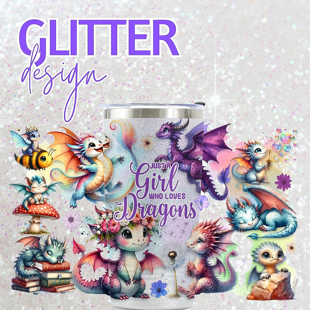 Onebttl Dragon Gifts for Girls, Dragon Coffee Travel Mug for Dragon Lovers, Women, Daughter - Just A Girl Who Loves Dragons - Stainless Steel 20Oz Tumbler, Glitter