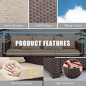 Outdoor Patio Furniture Outdoor Couch 3 Seater Sofa Outdoor Brown Wicker Sofa Deep Seat High Backrest Patio Couch with Anti-Slip Cushions and Waterproof Cover, Khaki