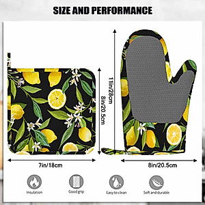 Mxocom Lemon Fruits Silicone Oven Mitts and Pot Holders Sets Flowers Leaves Lemons BBQ Gloves for Kitchen,Cooking,Baking,Grilling