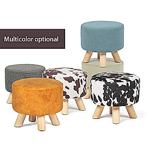 Asense Round Ottoman Foot Rest Linen Fabric Padded Seat Pouf Ottoman with Non-Skid Wooden Legs