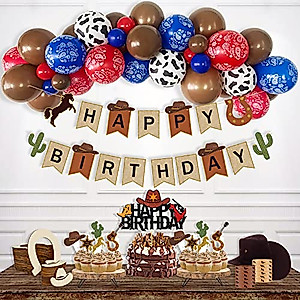 Hombae Cowboy Birthday Party Decorations, Western Theme Birthday Decoration, Cowboy Birthday Banner Cake Cupcake Toppers Balloons Western Party Supplies Kit for Boys