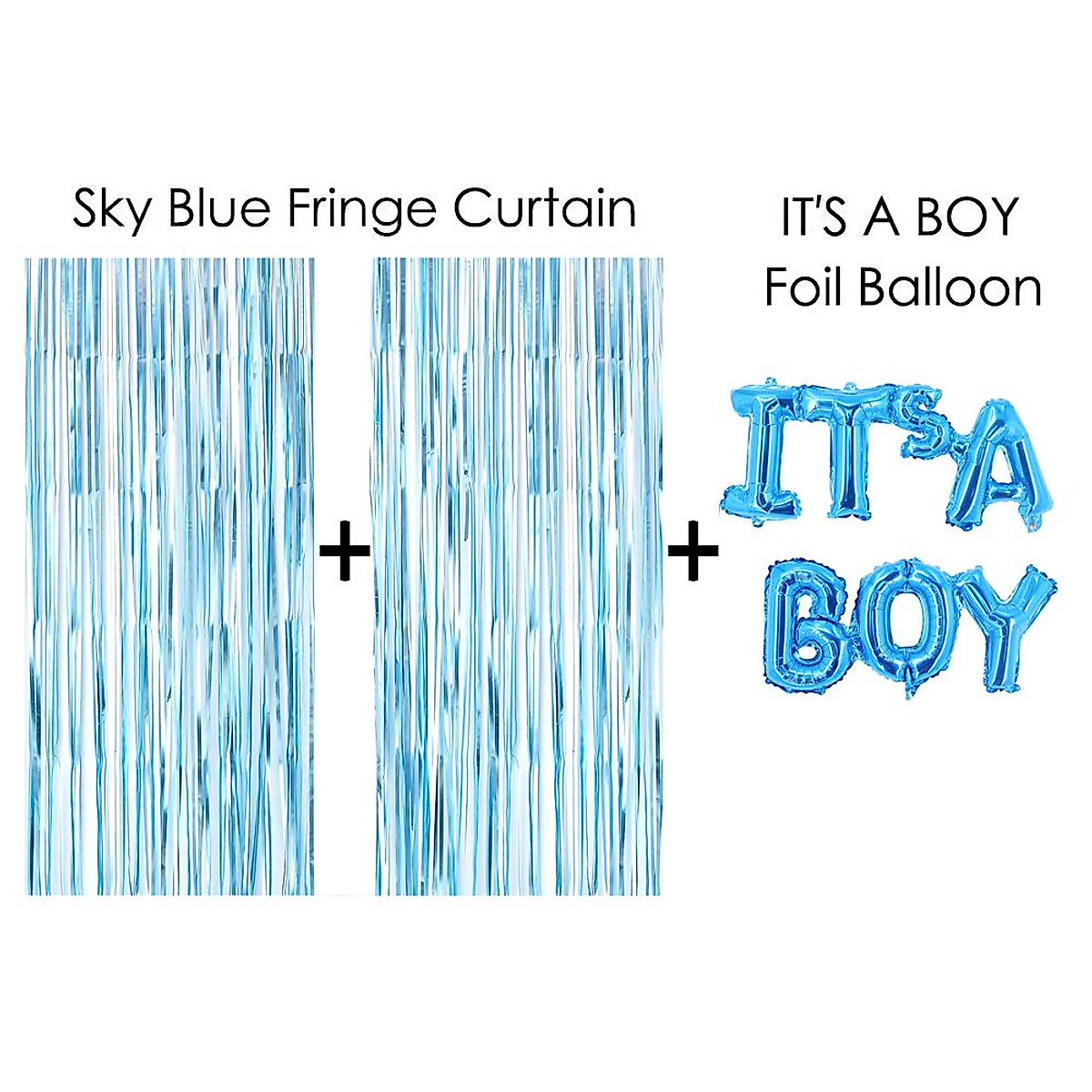 Blue Metallic Fringe Curtains & It's A Boy Foil Balloon Kit- Baby Shower Decorations Blue Wall Decoration Pastel Blue Photo Prop Backdrop Boys Birthday Party (Blue, Pack of 2)