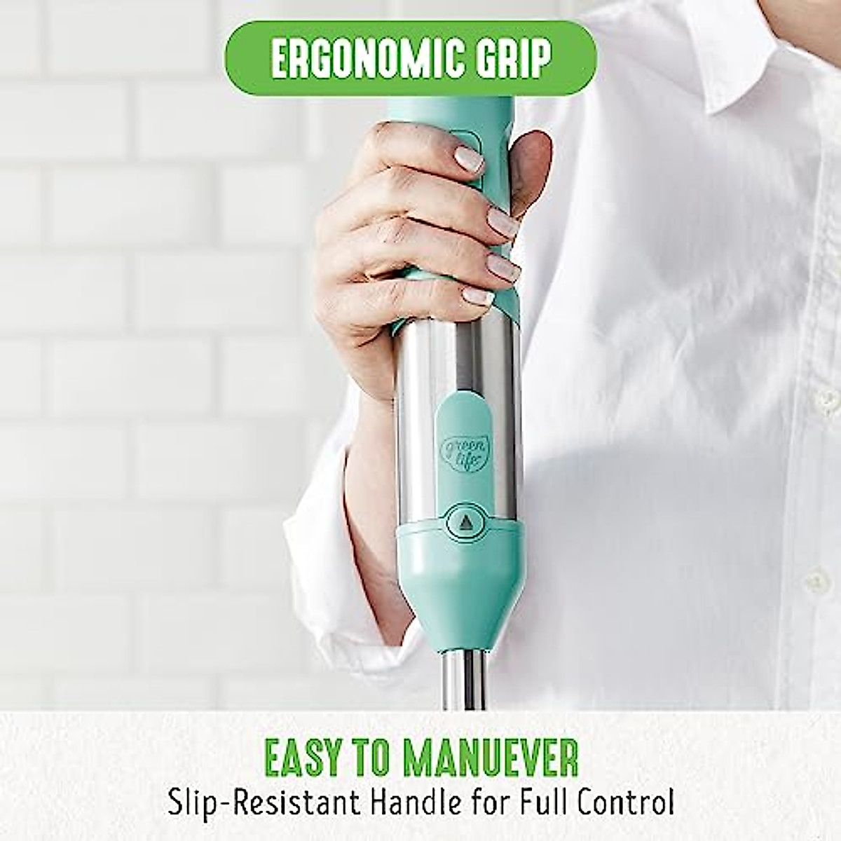 GreenLife 500-Watt Immersion Electric Handheld Stick Blender with Stainless Steel Blades, Whisk, Frother, Measuring Cup and Lid, Soups, Puree, Cake, Multi-Speed Control, Portable, Turquoise