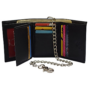 Men's RFID Blocking Premium Leather Chain Trifold Wallet (Black with Chain)