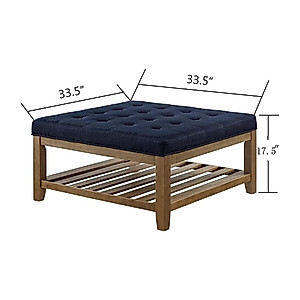 24KF Large Square Upholstered Tufted Linen Ottoman, Large Footrest Ottoman with Solid Wood Shelf- Navy Blue