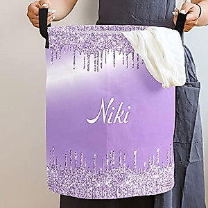 Monogram Violet Purple Dripping Laundry Basket Personalized with Name Laundry Hamper with Handle Organizer Storage Bin Bedroom Decor for Boys Girls Adults