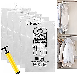 5PCS Large Hanging Vacuum Storage Bags, Reusable Space Saver Vacuum Seal Storage Bags for Clothing with Hand Pumps, Hanging Sealer Bags for Coats, Suits, Jackets and Quilts (27"×44")