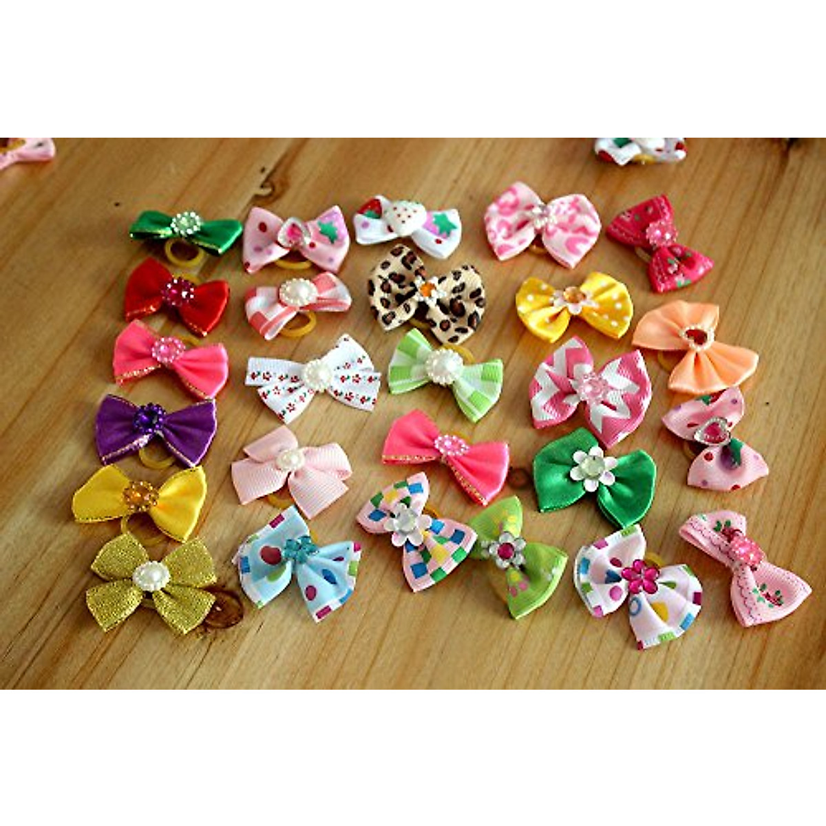 Masue Pets 50pcs in Pairs Dog Hair Bows with Rubber Bands Rhinestone Pearls Bows Bowknot Bows Dog Topknot Bows Cute Dog Hair