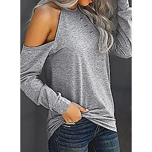 Dokotoo Fall Casual Cold Shoulder Tops for Women Hollowed Out Long Sleeve Sweatshirts T Shirt Women Open Shoulder Tops Sexy Halter Neck Top Pullover Tunic Blouses 2023 Fashion Gray XX-Large
