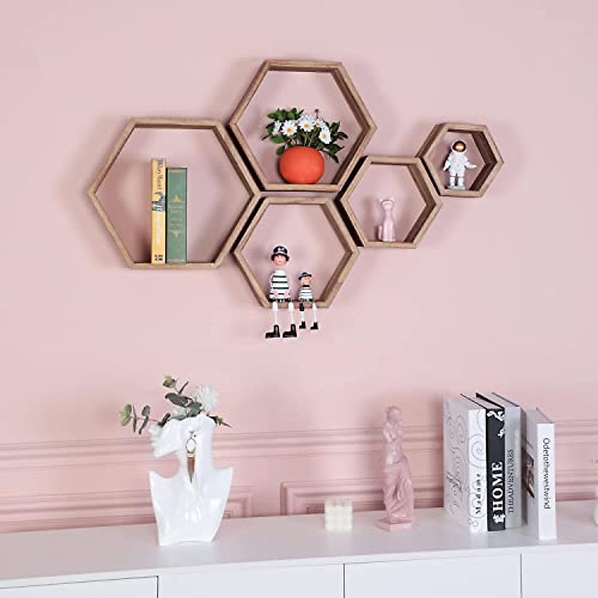 Hexagon Floating Shelves,Wall Mounted Wood Farmhouse Storage Honeycomb Wall Shelf Set of 5,for Bathroom, Kitchen, Bedroom, Living Room,Office,Home Room Wall Decor Driftwood Finish (Carbonized Black)