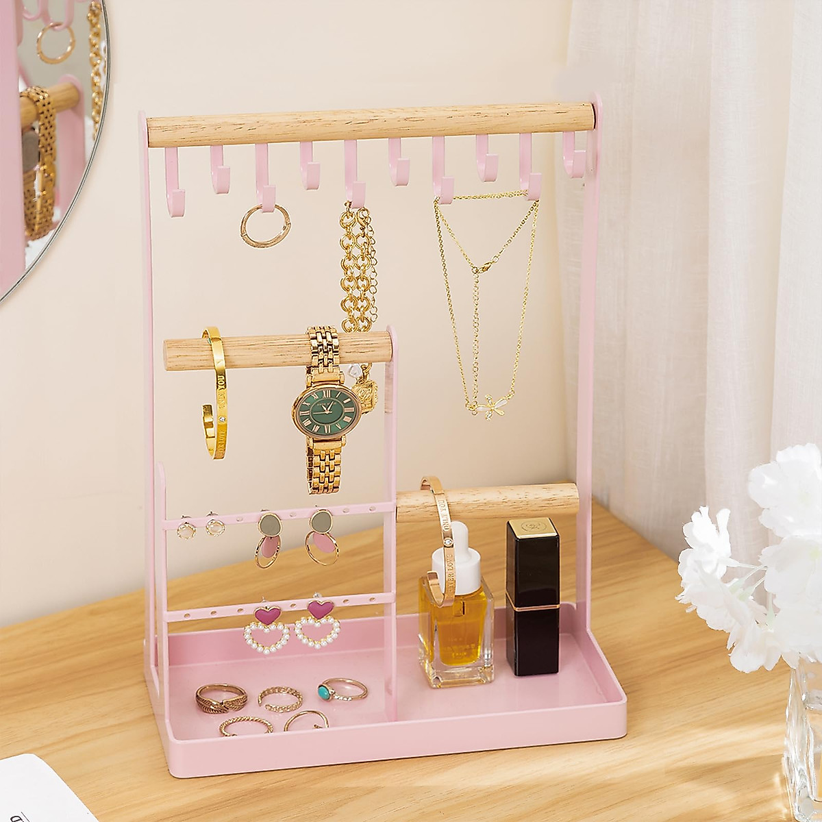 ProCase Jewelry Organizer Stand Holder, 4-Tier Necklace Organizer with Ring Tray, Small Cute Aesthetic Jewelry Tower Storage Rack Tree for Bracelets Earrings Rings - Pink