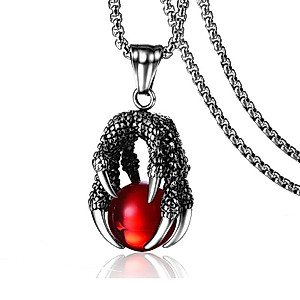 Heavstjer Punk Rock Stainless Steel Dragon Claw Pendant Crystal Ball Necklace,24inches Link Chain (A_Red Ball)