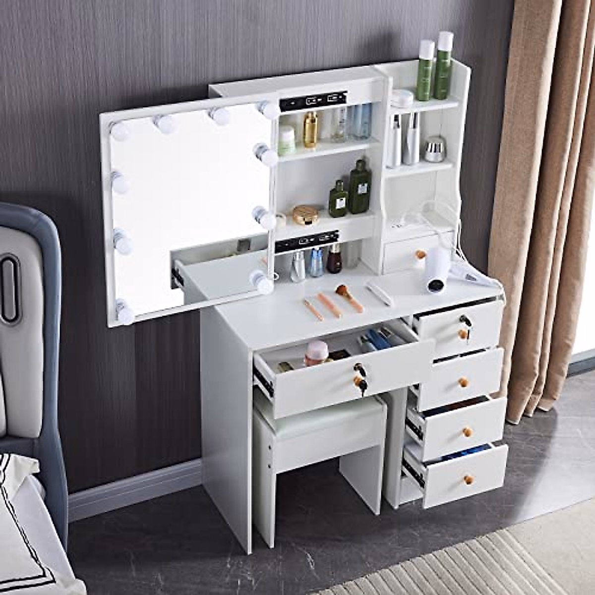 Xinhonglei Large Vanity Set with 10 LED Lights and Charging Station, Makeup Vanity Dressing Table with 5 Drawers, Vanity Table with Cushioned Stool, White Dresser for Bedroom