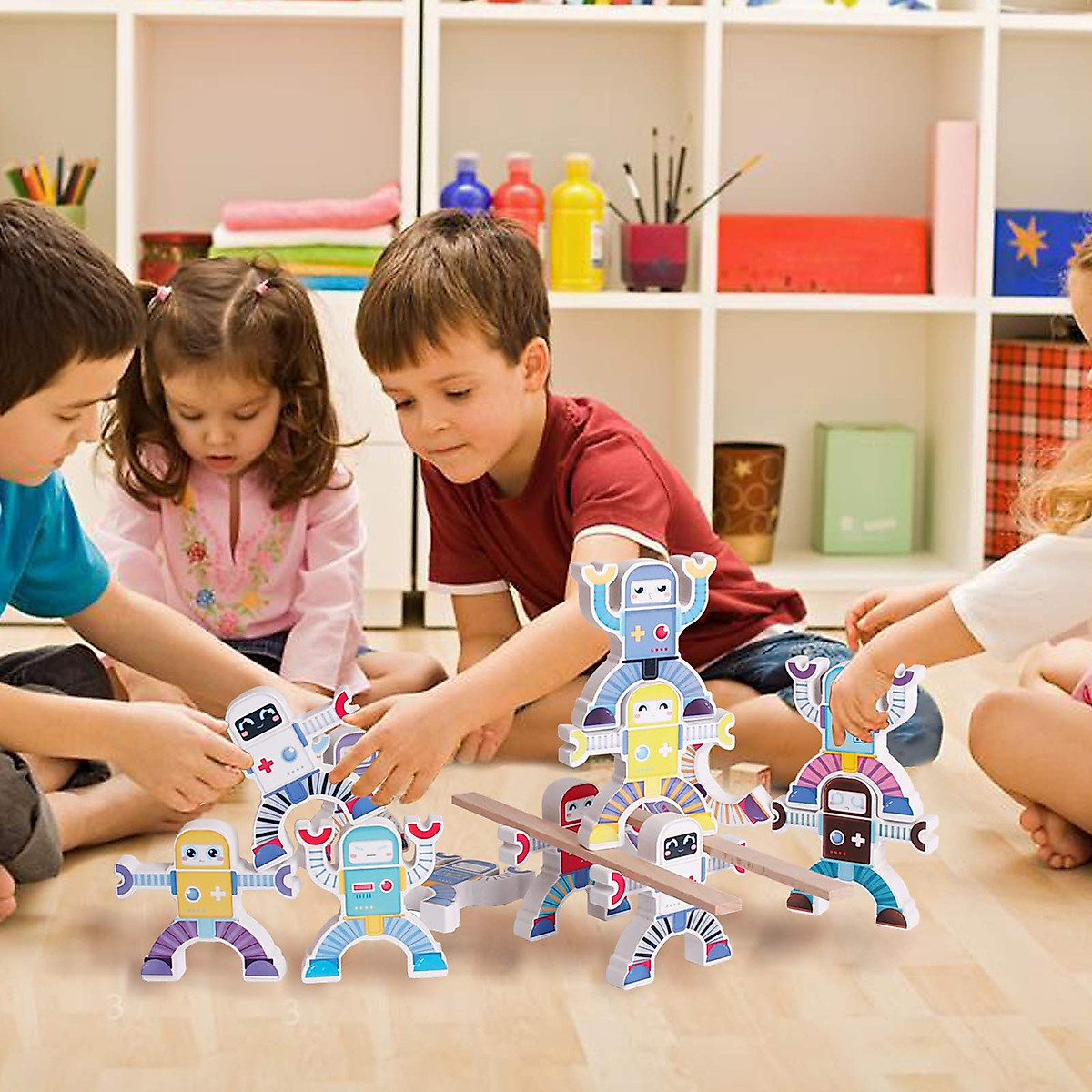 CHIYR Wooden Robots Stacking Balancing Block Puzzle Game Building Toy Educational STEM Montessori for Preschool Kids Toddlers Sorting Skill Developing Intelligence Play Kits