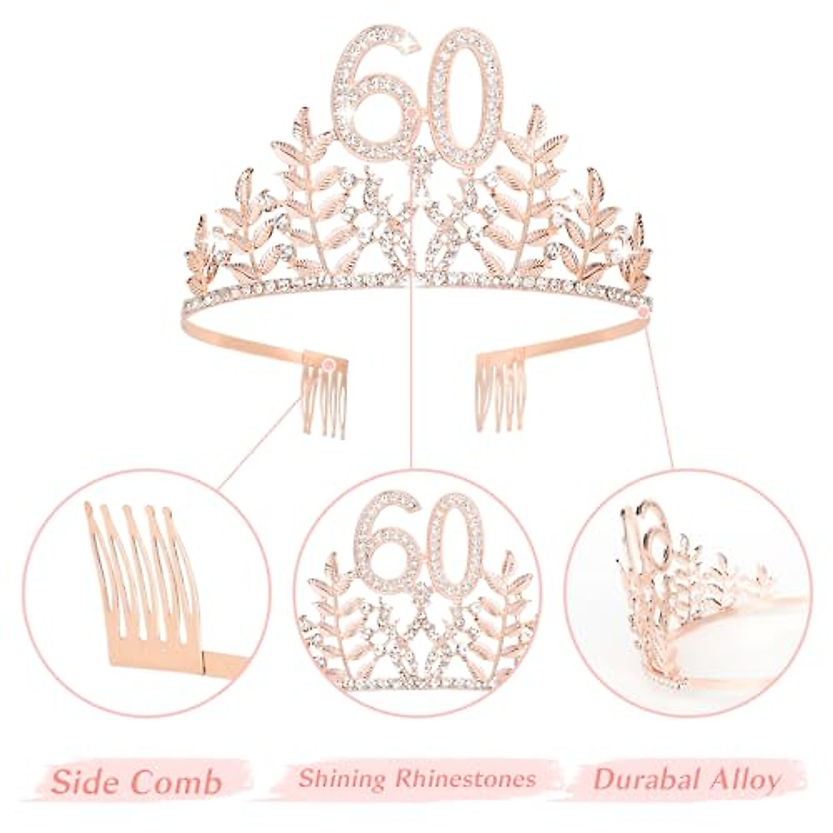 CURASA 60th Birthday Decorations Decor for Women Rose Gold 60 Birthday Sash and Crown Rhinestones Tiara 60 & Fabulous Sash 60th Birthday Cake Topper 60th Birthday Candles 60th Birthday Gifts for Women