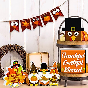 Thanksgiving Tiered Tray Decor Set - 9PCS Includes Turkey Wooden Gnome Signs Pumpkin Maple Leaf for Thanksgiving Home Indoor Kitchen Table Decorations(Tiered Tray Not Included)
