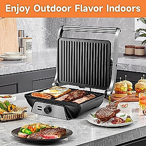 SUSTEAS 3-in-1 Electric Indoor Grill - Panini Press with Non-Stick Cooking Plates, Opens 180-Degree Gourmet Sandwich Maker, Floating Hinge Fits All Foods, Panini Press Grill with Grease Tray