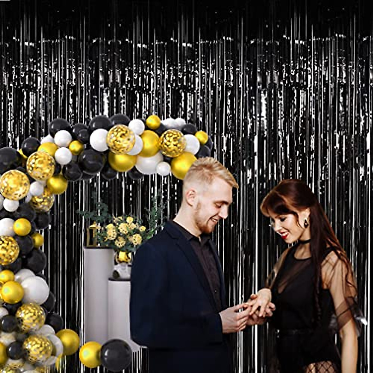 Muhome Black Foil Fringe Curtain, 2PCS 3.28FT x 8.2FT Tinsel Door Curtains & 1 Masking Tape Black Fringe Backdrop for Wedding Birthday Baby Shower Bachelorette Party Decorations