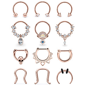 Vsnnsns 16G Septum Jewelry Septum Ring Piercing Jewelry Septum Clicker Ring and Horseshoe Barbell Stainless Steel Septum Nose Rings Hoop for Men Women Rose Gold 10mm 12pcs