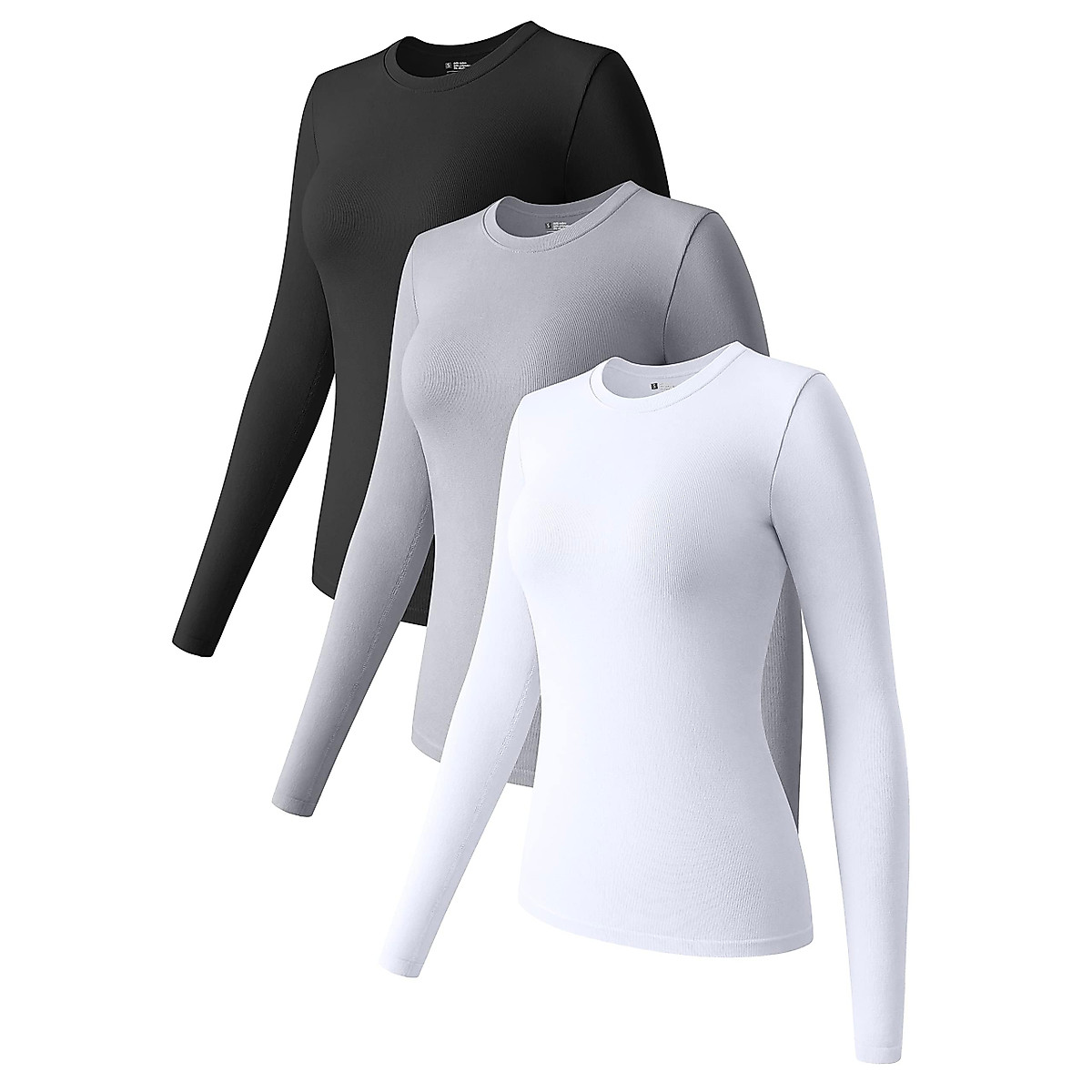 OQQ Womens 3 Piece Long Sleeve Tops Crew Neck Stretch Fitted Underscrubs Layer Tee Shirts 2025 Casual Outfits Black Grey White