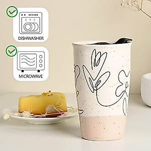 ANTIS'S HOME Ceramic Coffee Mug with Lid, Flower Pattern Double Wall Coffee Travel Mug Ceramic Tumbler 10 oz, Reusable Tall Cup, Splash Resistant Lid, Dishwasher Microwaveable Safe