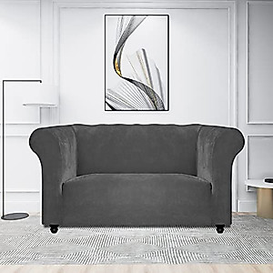 Easy-Going Stretch Velvet Chesterfield Style Couch Slipcover for Living Room, Soft Non-Slip Sofa Cover Furniture Protector for Dogs (Loveseat, Gray)