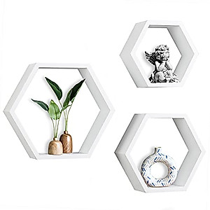 ZGZD White Floating Shelves Hexagon Wall Organizers Display Hanging Shelf for Room, Kitchen, Office, Set of 3