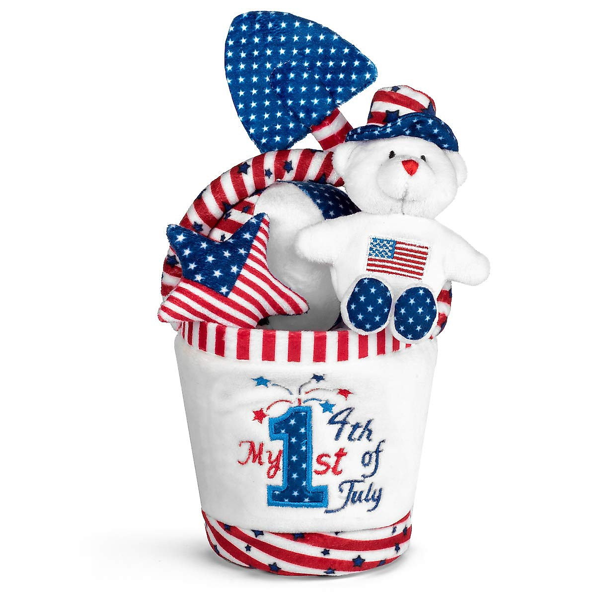 Genius Baby Toys American Flag Toy and USA Plush Playset - My 1st 4th of July Baby Toys - Soft Plush Sand Bucket with 4 Sensory Infant Toys - Fun Beach Toy - Perfect for Small Hands