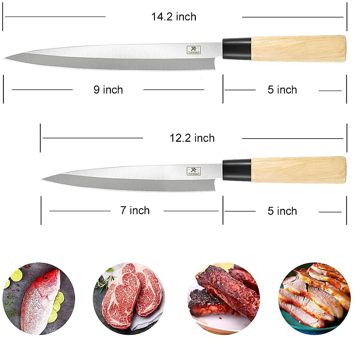sawkit Sashimi Sushi Knife 7-9 Inch/Fish Perfect Boning Knives/Bread Chef's/For Cutting Sushi/Sashimi Fish Filleting Slicing/Very Sharp Stainless Steel Blade Meat and Peeling Multi-Purpose Kitchen