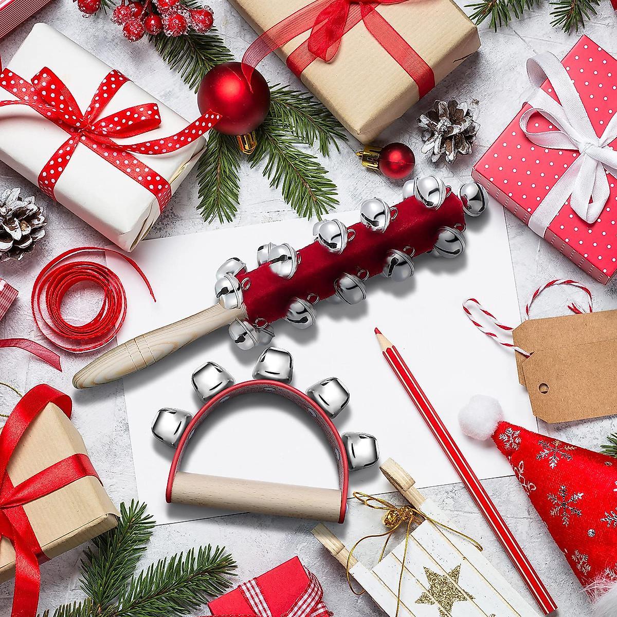 6 Pieces Christmas Hand Jingle Bells Wooden Hand Sleigh Bells Jingle Shaker Bells Handhold Bell Rattles Musical Bell Instruments Handheld Bells Holiday Christmas Decor (Red)