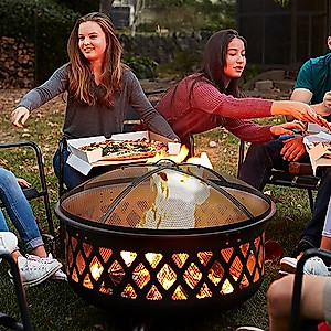 YITAHOME Heavy-Duty Fire Pit Spark Screen with Handle and Poker, Metal Fire Pit Cover for 36-Inch Round Outdoor Fire Pits